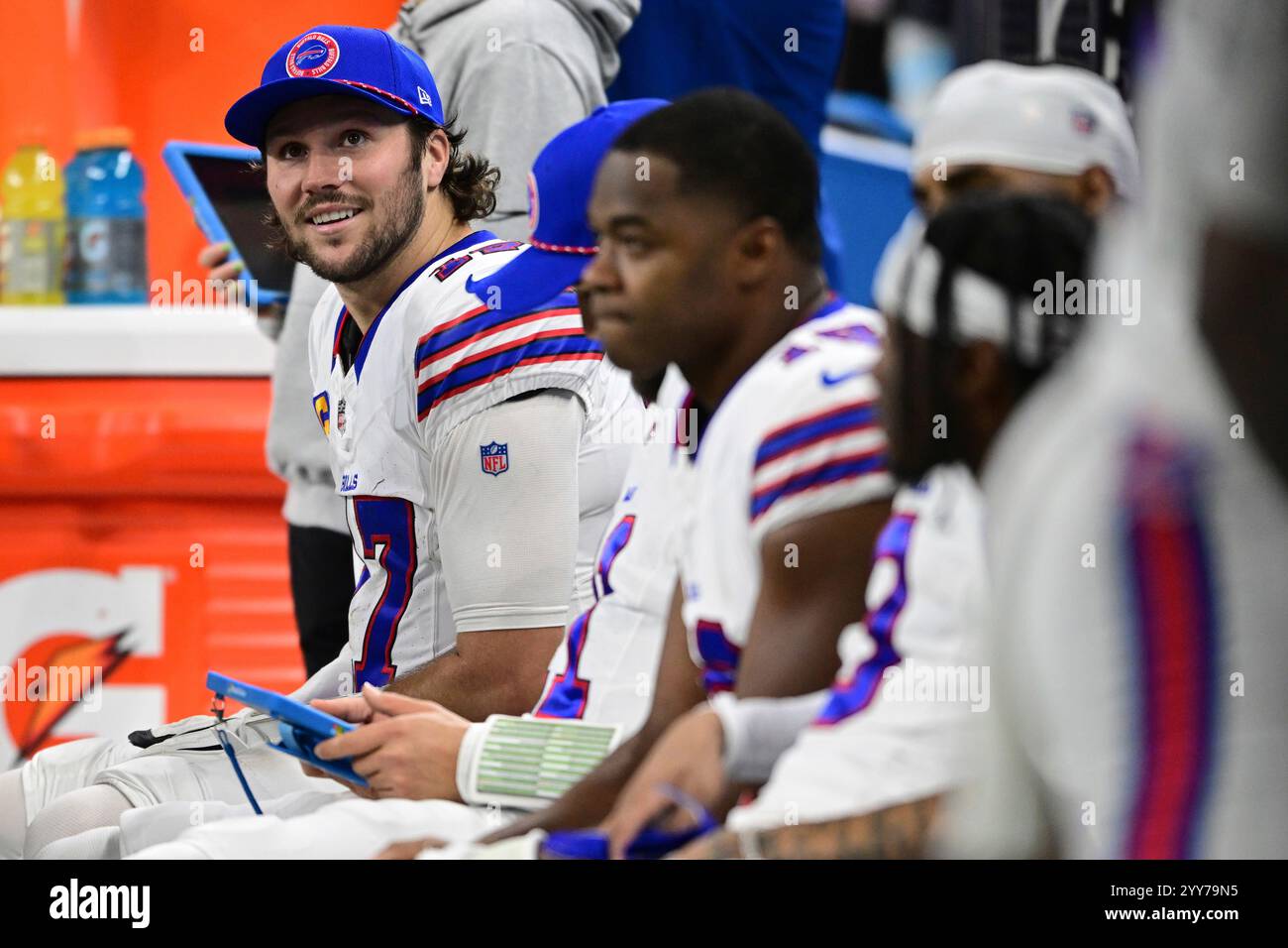 Buffalo Bills quarterback Josh Allen smiles on the sideline during the ...
