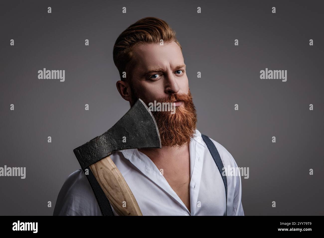 Masculine man. Masculinity of bearded man with axe isolated on grey ...