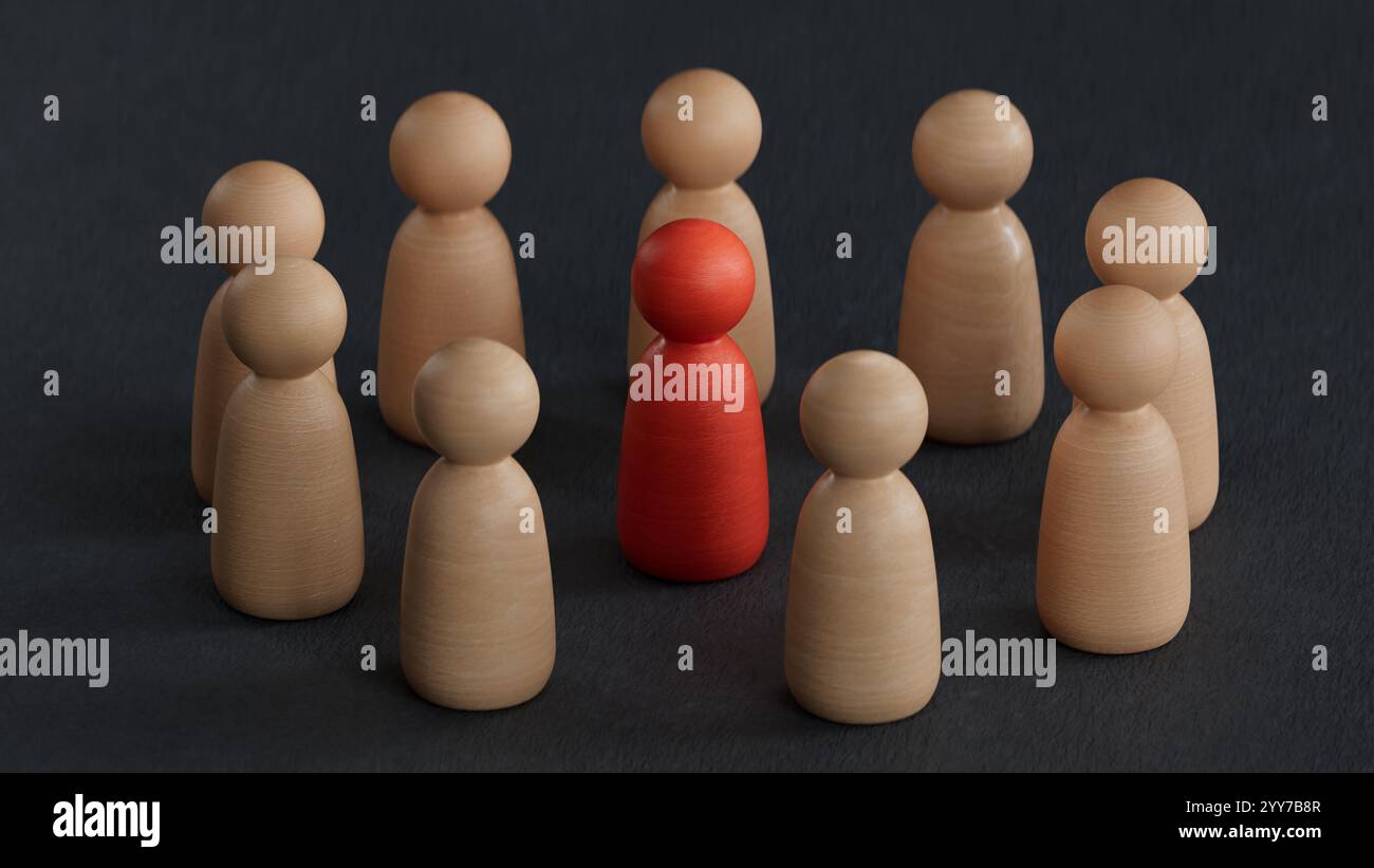 Wooden person model among people, Leadership concept.3D rendering on ...