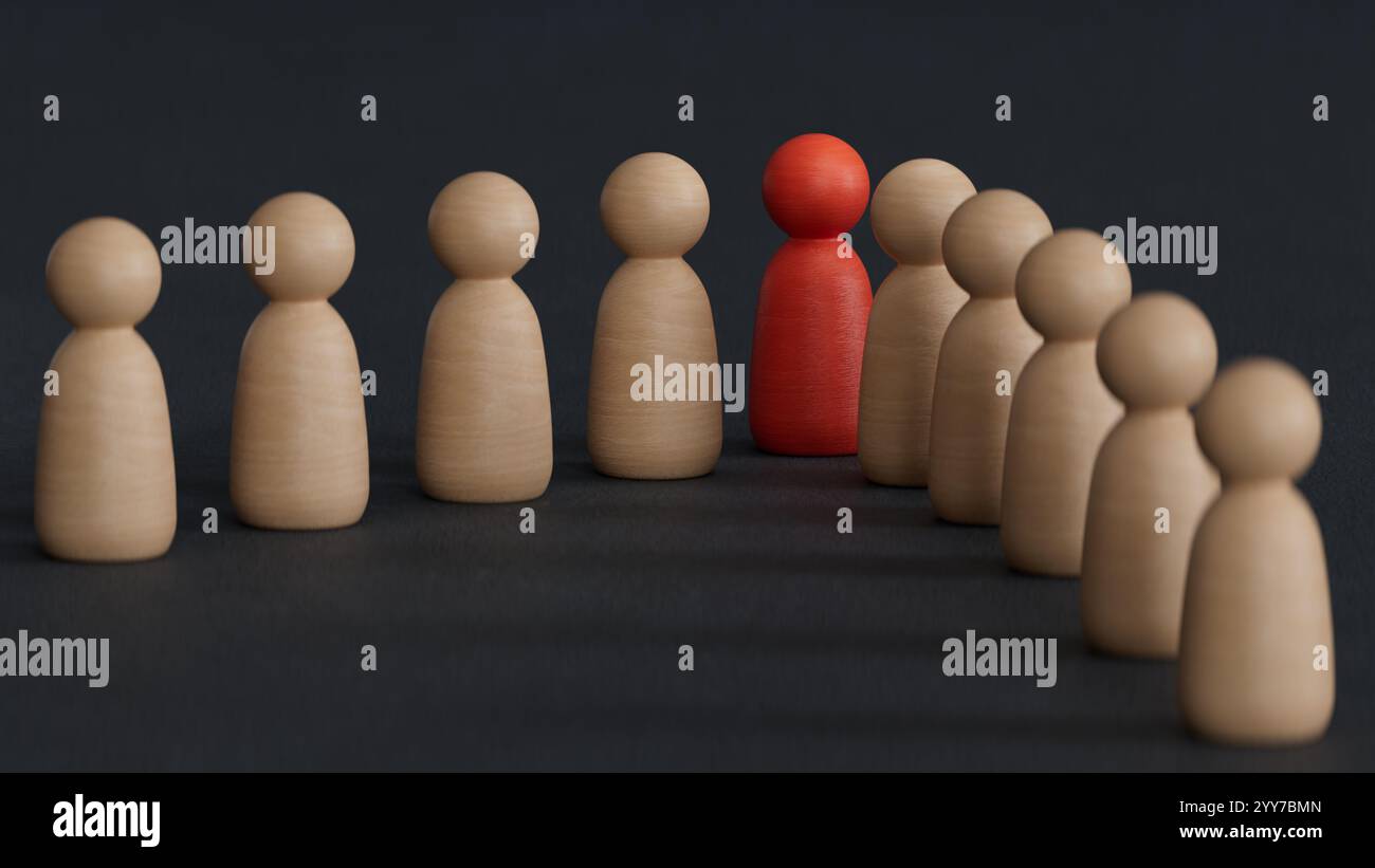 A 3d concept graphic depicting a red person standing out from the crowd ...