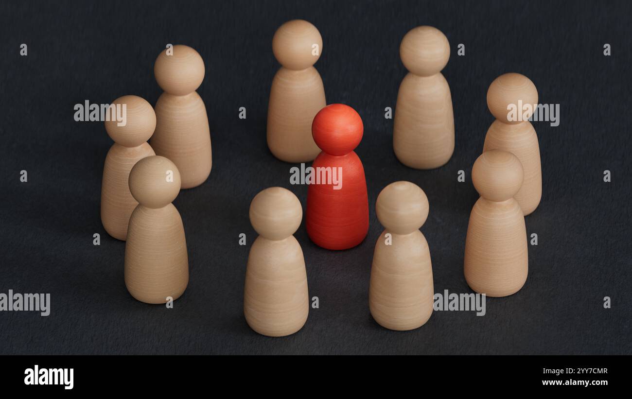 Wooden person model among people, Leadership concept.3D rendering on ...
