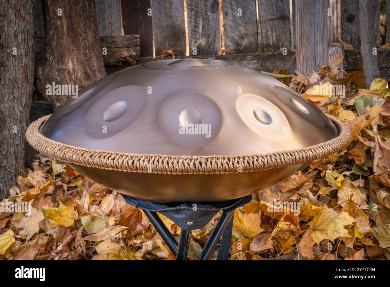 handpan drum on a stand outdoors, a modern, melodic percussion ...