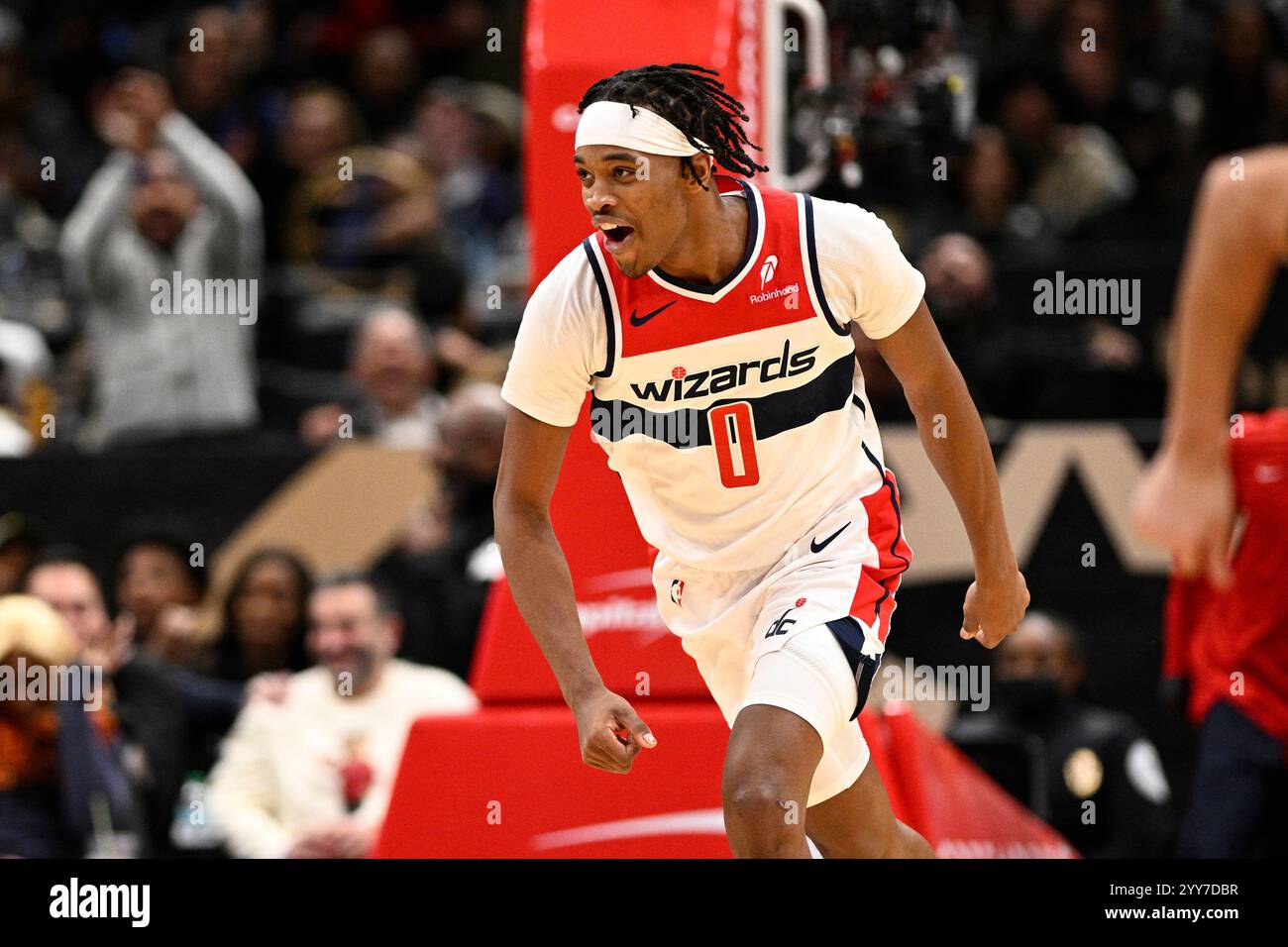Washington Wizards guard Bilal Coulibaly reacts after his dunk during ...