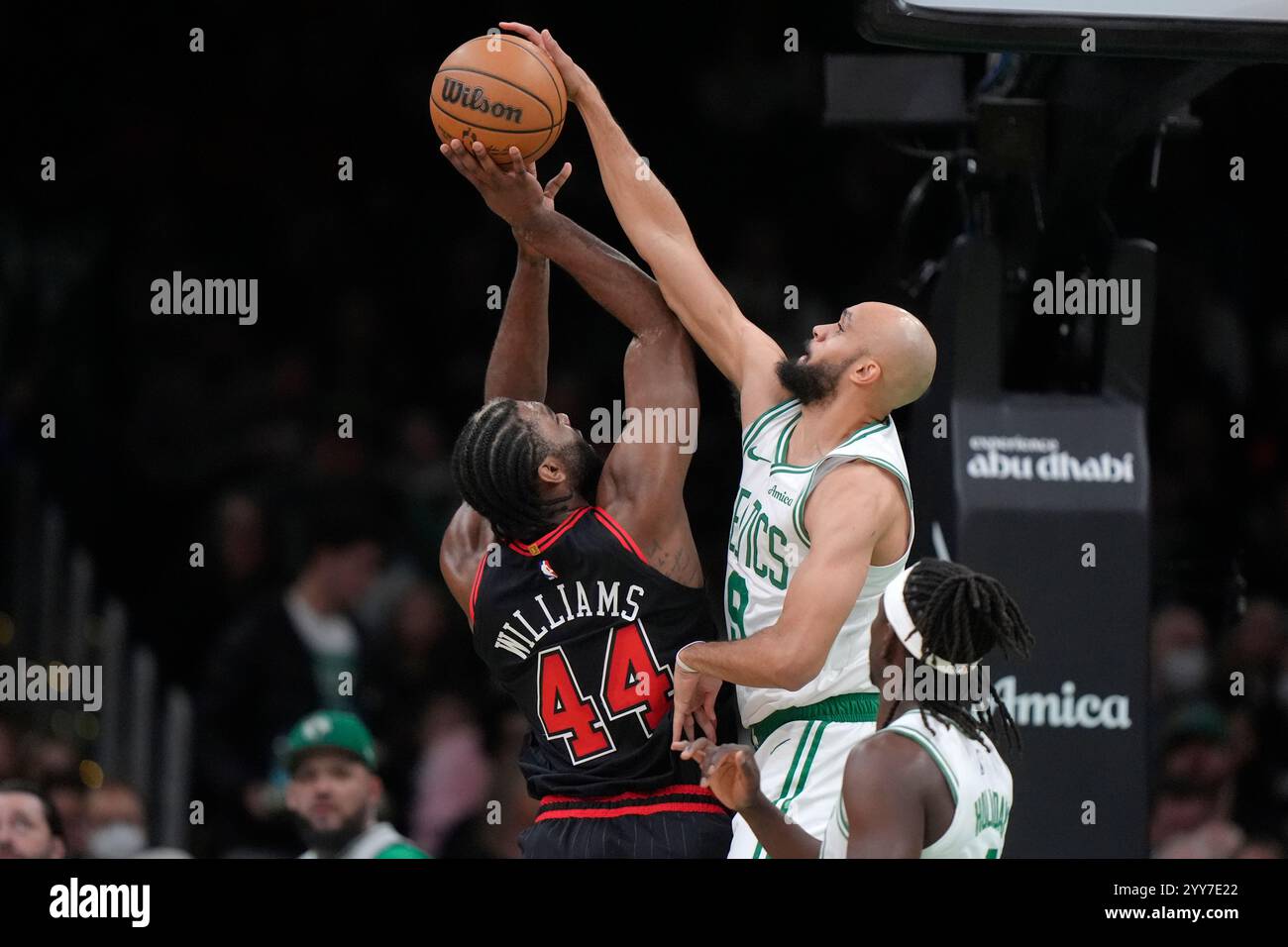 Boston Celtics guard Derrick White (9) blocks a shot at the basket by ...