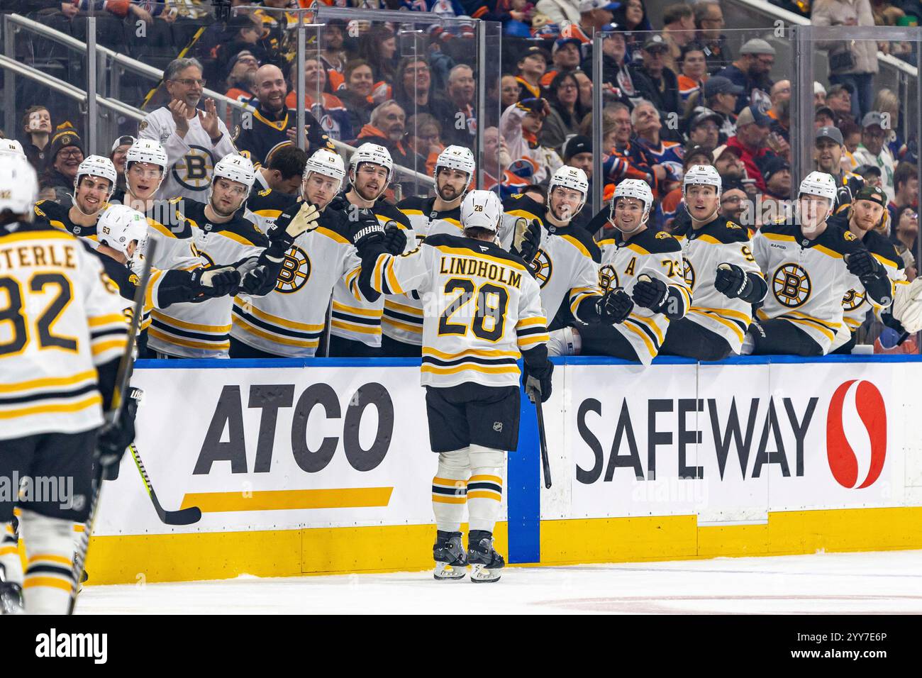 Boston Bruins' Elias Lindholm (28) celebrates his goal against the ...