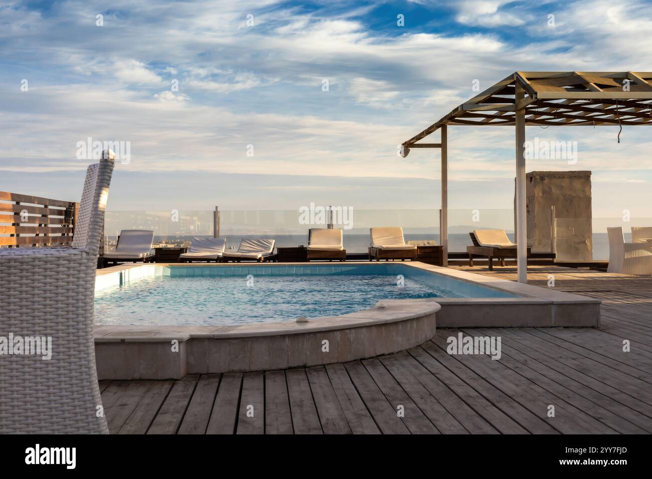 Serene scene of a rooftop oasis featuring a tranquil swimming pool ...