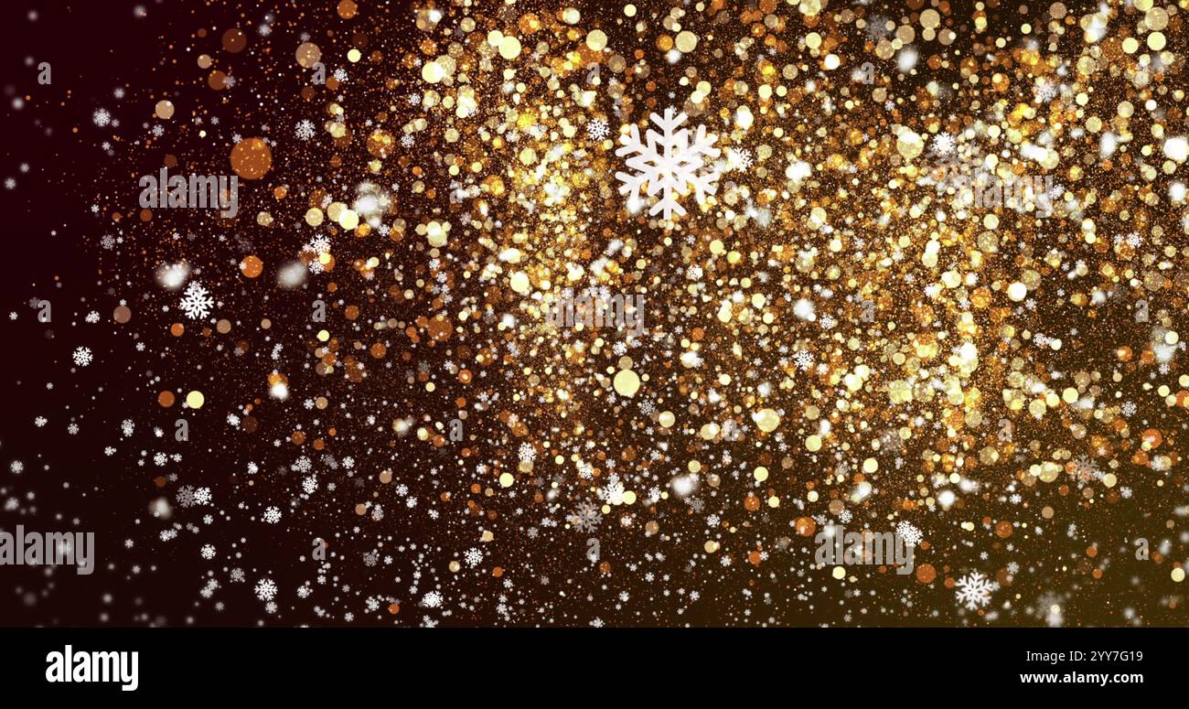 Image of snowflakes and confetti moving on black background. New year, tradition, winter and ...