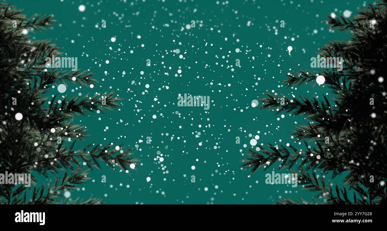 Image of snow falling over fir tree branches on green background ...