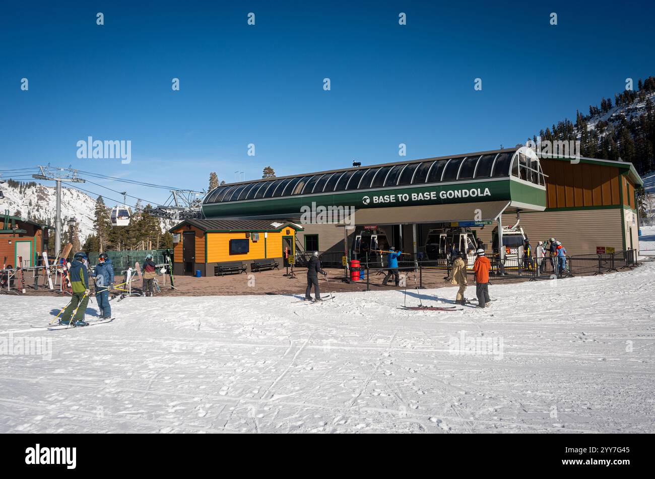 View of the gondola building at Alpine Meadows Ski Resort. The gondolas ...