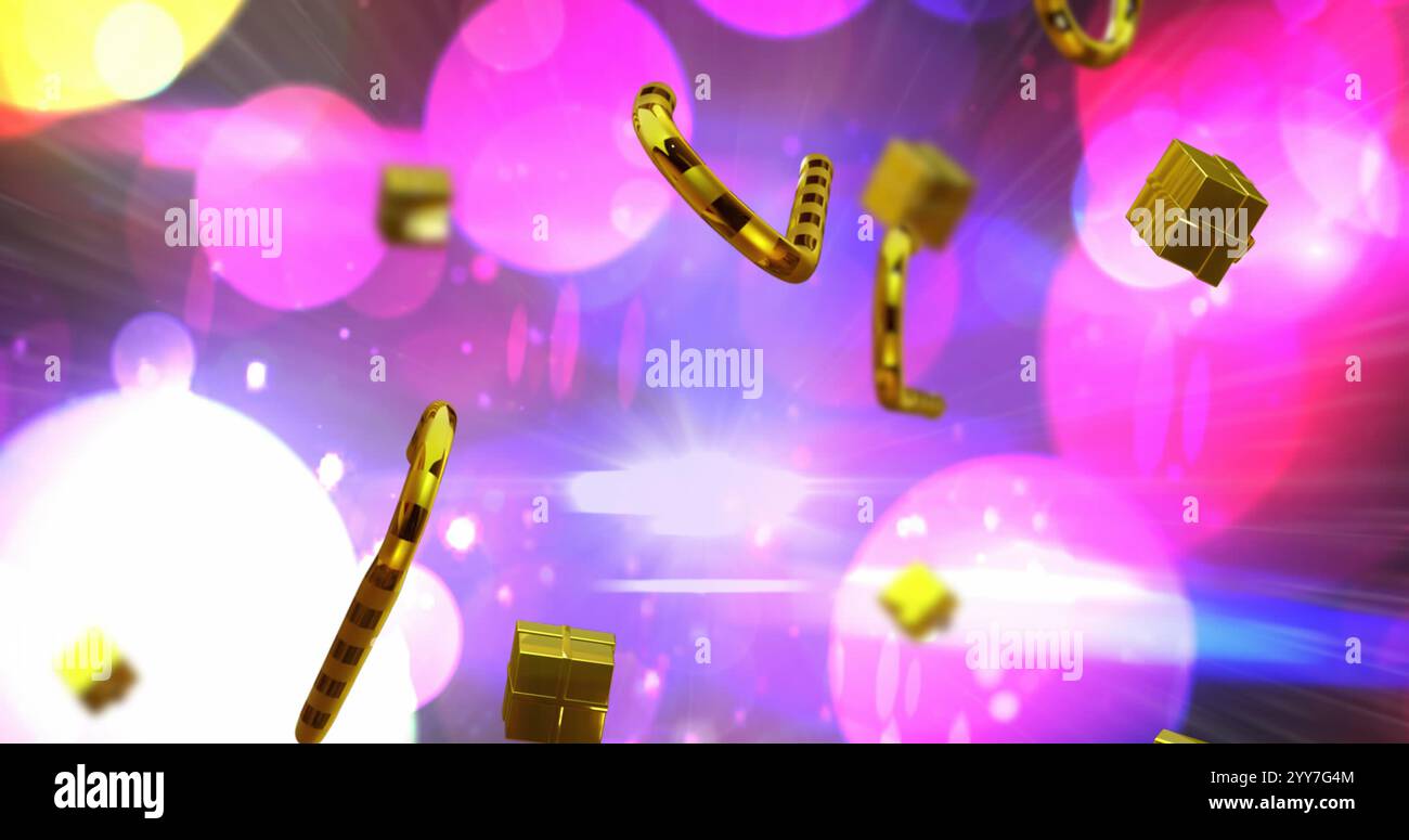 Image of christmas gold presents and candy canes falling over spots of ...