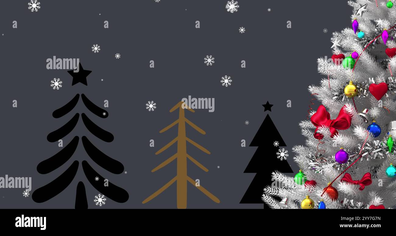 Image of snow falling over christmas trees and decorations. christmas ...