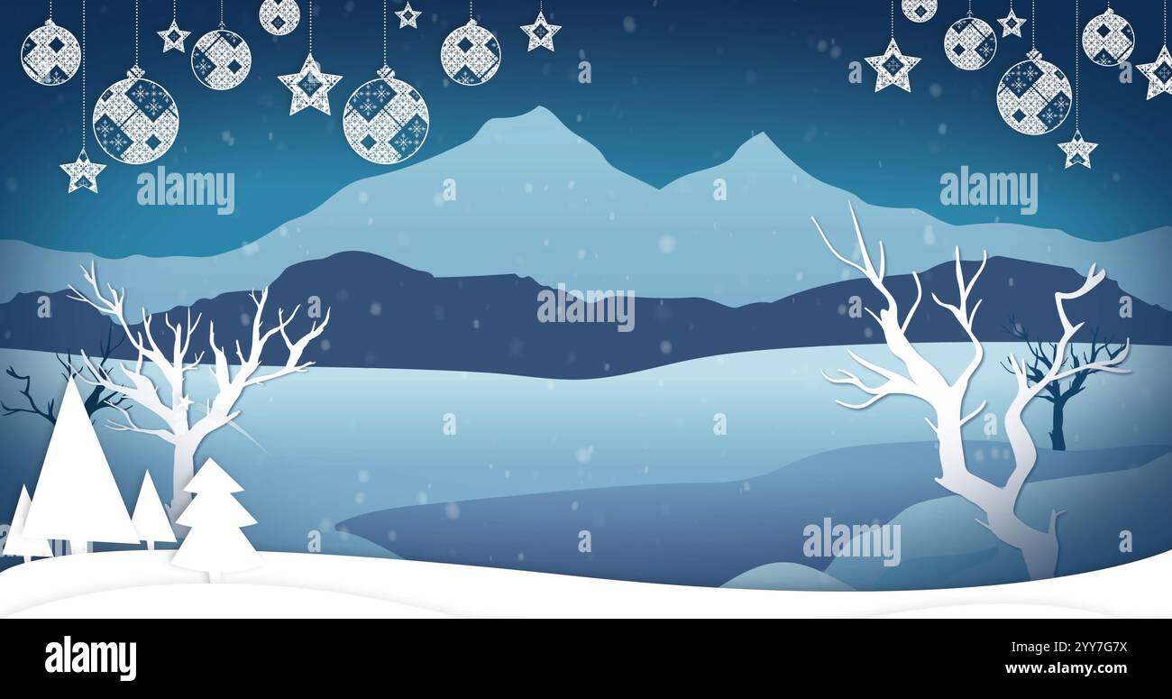 Image of snow falling over christmas decoration and with winterer view ...