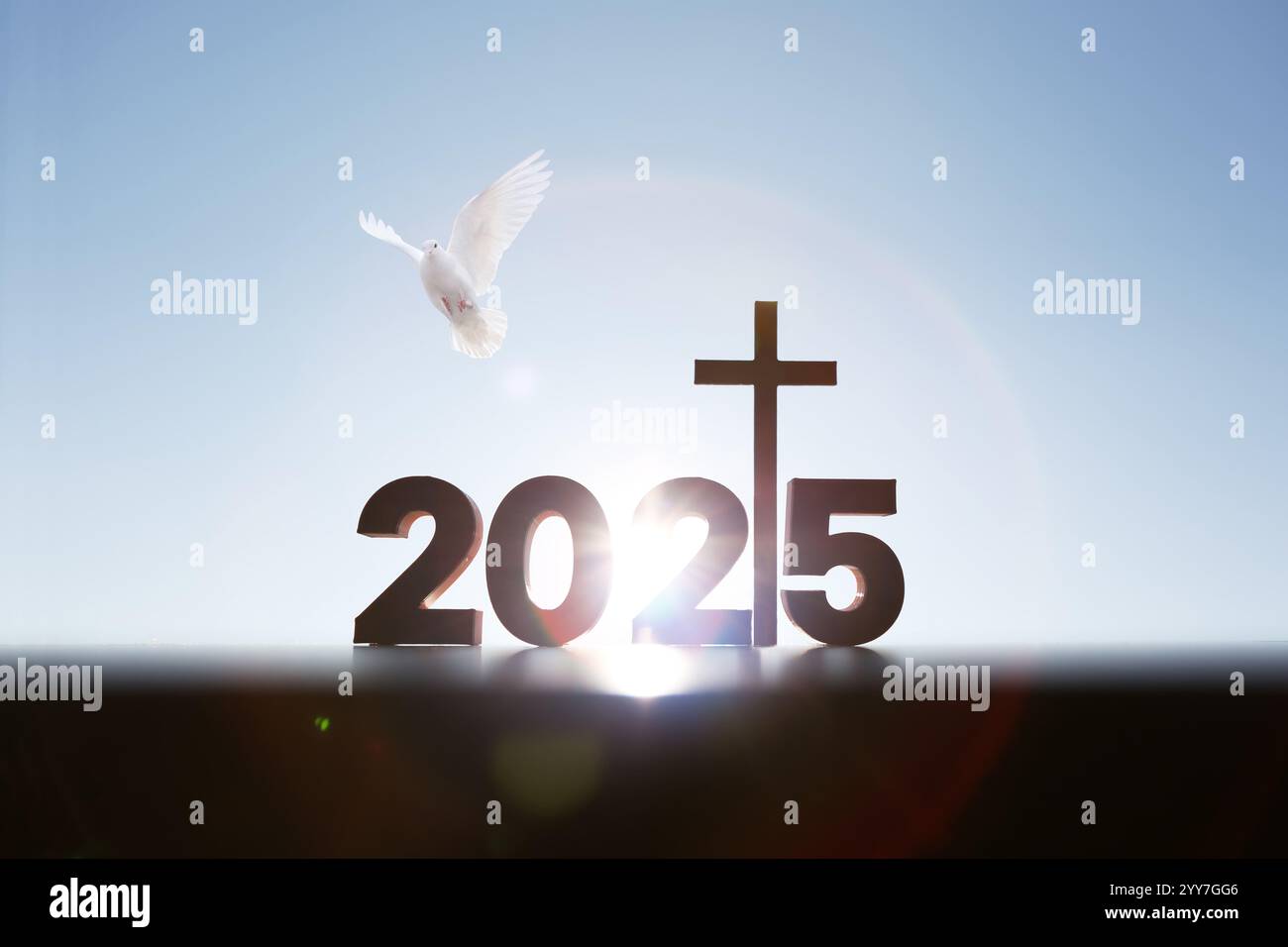 Bright rising sun and sunrise of new year 2025 with shining holy cross ...
