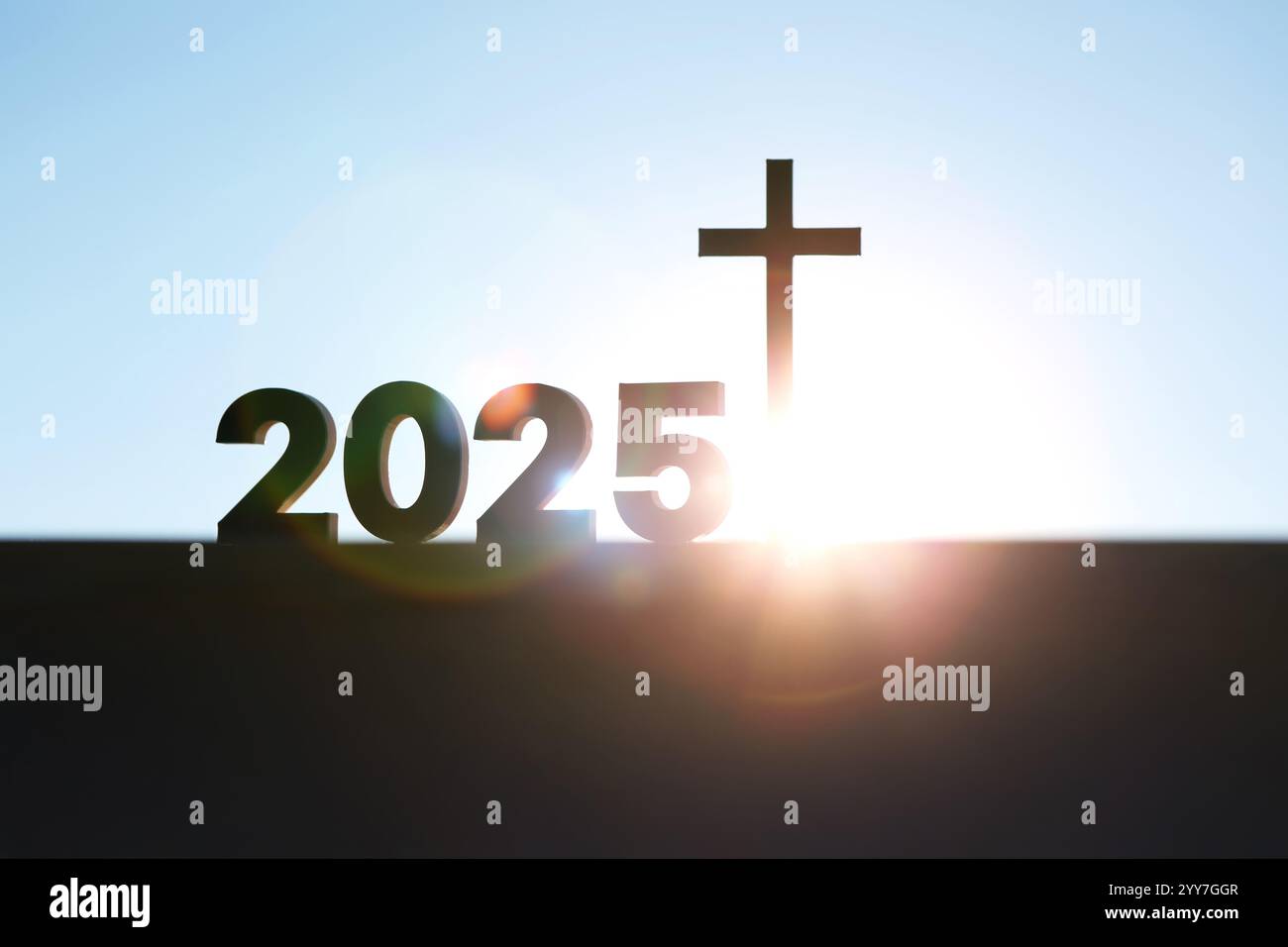Bright rising sun and new year 2025 sunrise and shining holy cross of jesus christ with church ...