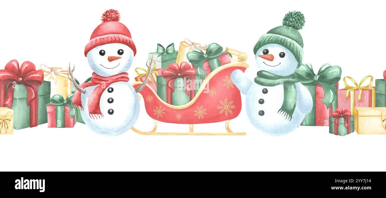 Snowmen with gift boxes and red sleigh. Seamless border. Hand drawn ...