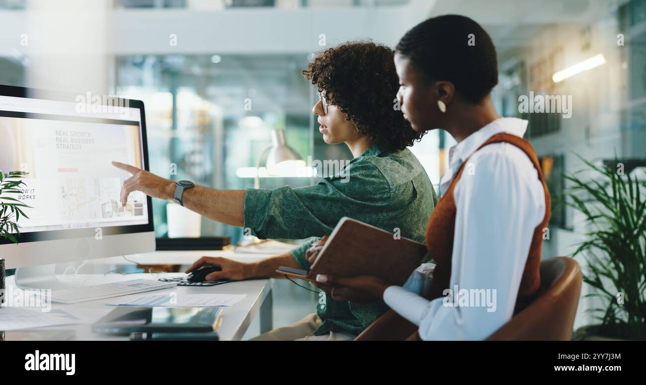 Office, teamwork and business people with screen for computer, reading ...