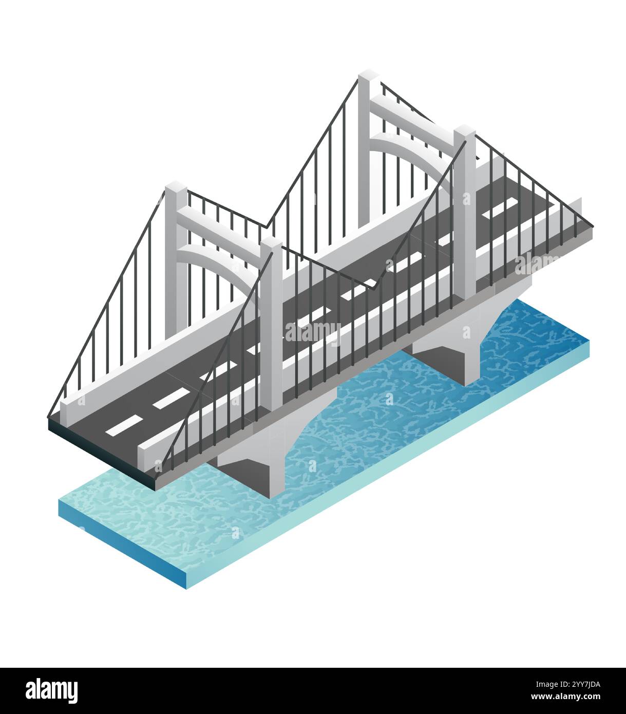 Isometric bridge with water. Vector illustration. Road icon. Urban infrastructure. Suspension ...