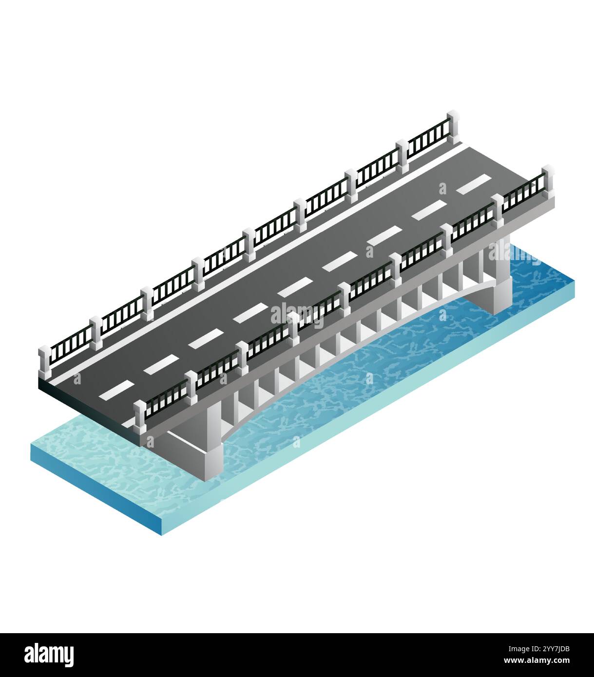 Isometric bridge with water. Vector illustration. Road icon. Urban infrastructure. Highway ...