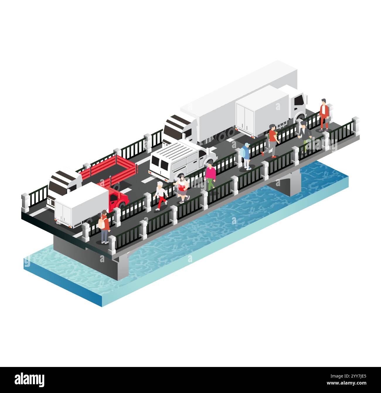 Isometric bridge with trucks, van and pedestrians. Vector illustration ...