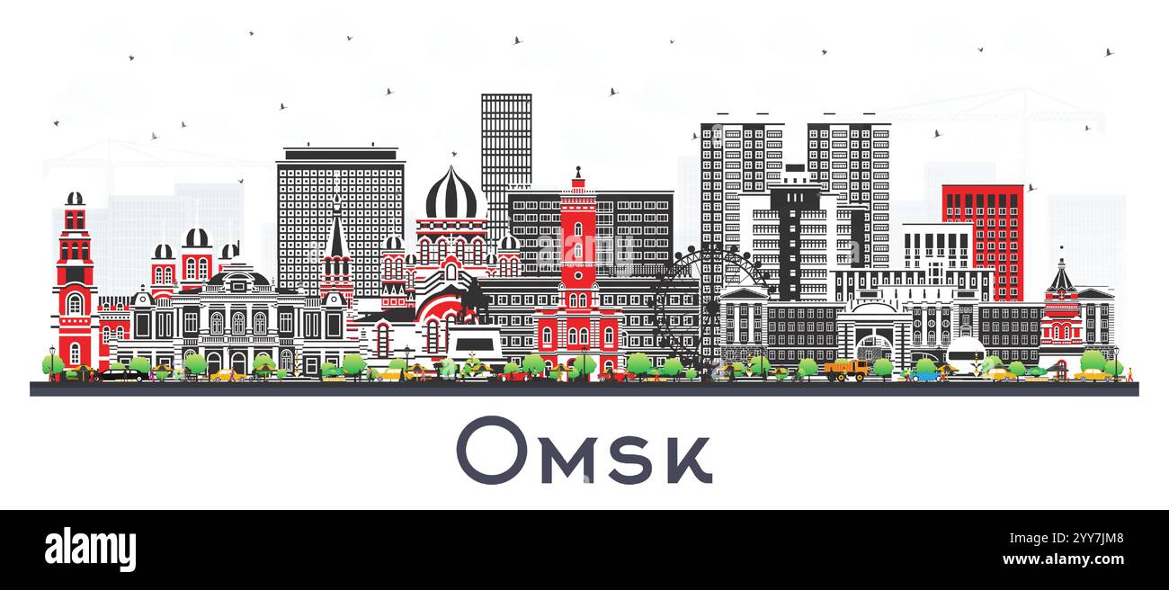 Omsk Russia city skyline with color buildings isolated on white. Vector ...