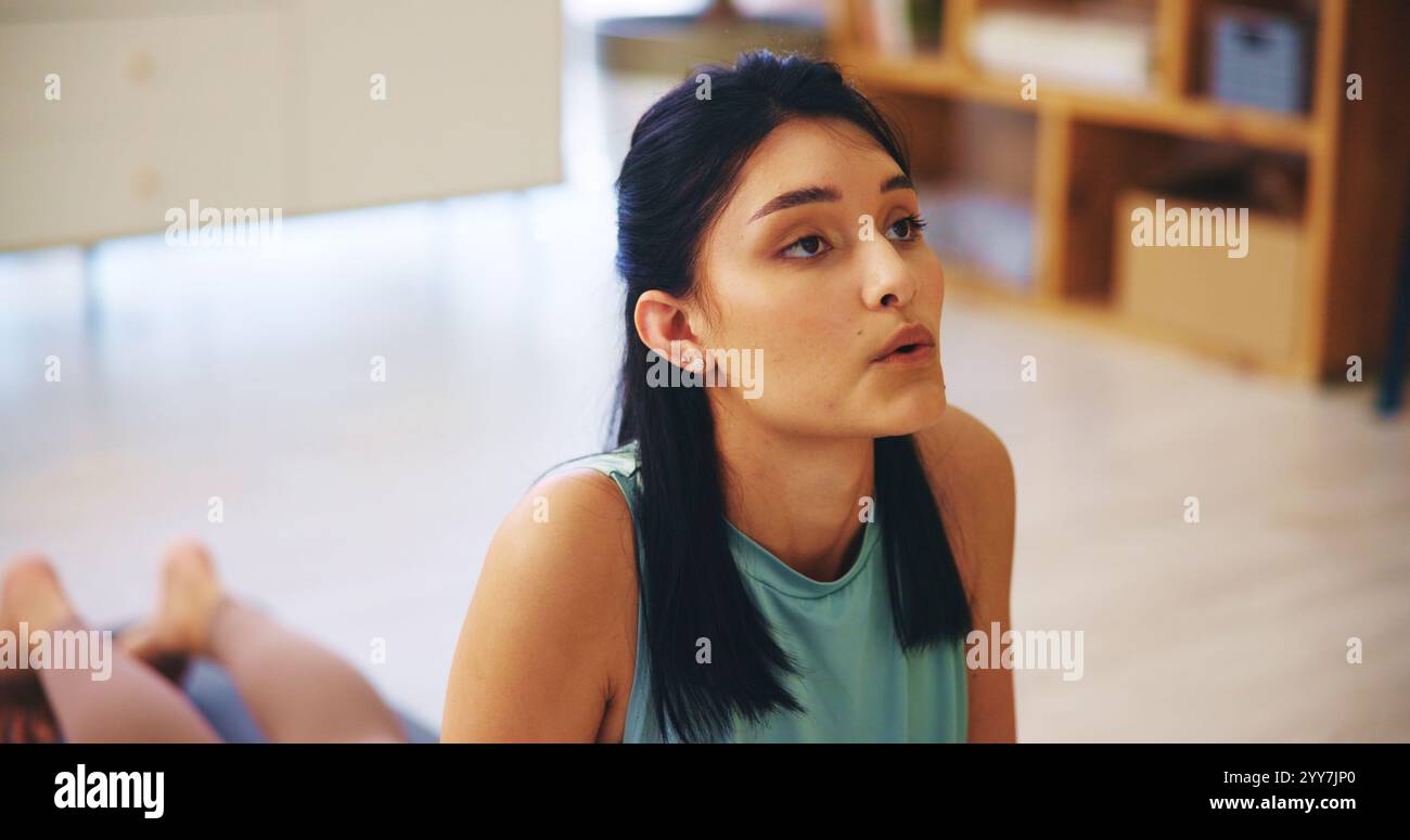 Breathing, cobra stretch and woman with workout routine for calm ...