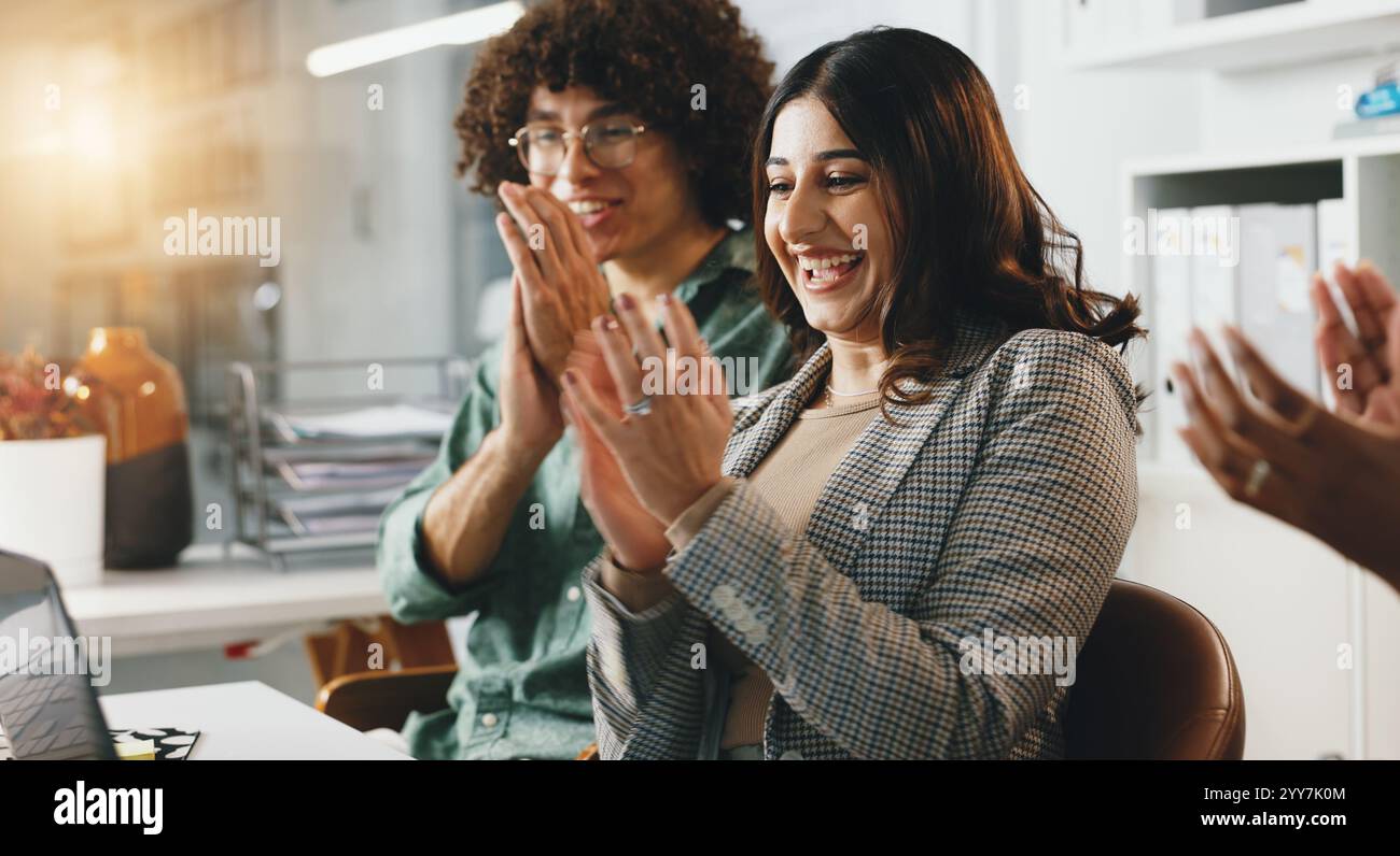Business woman, winner and applause in promotion, announcement or ...