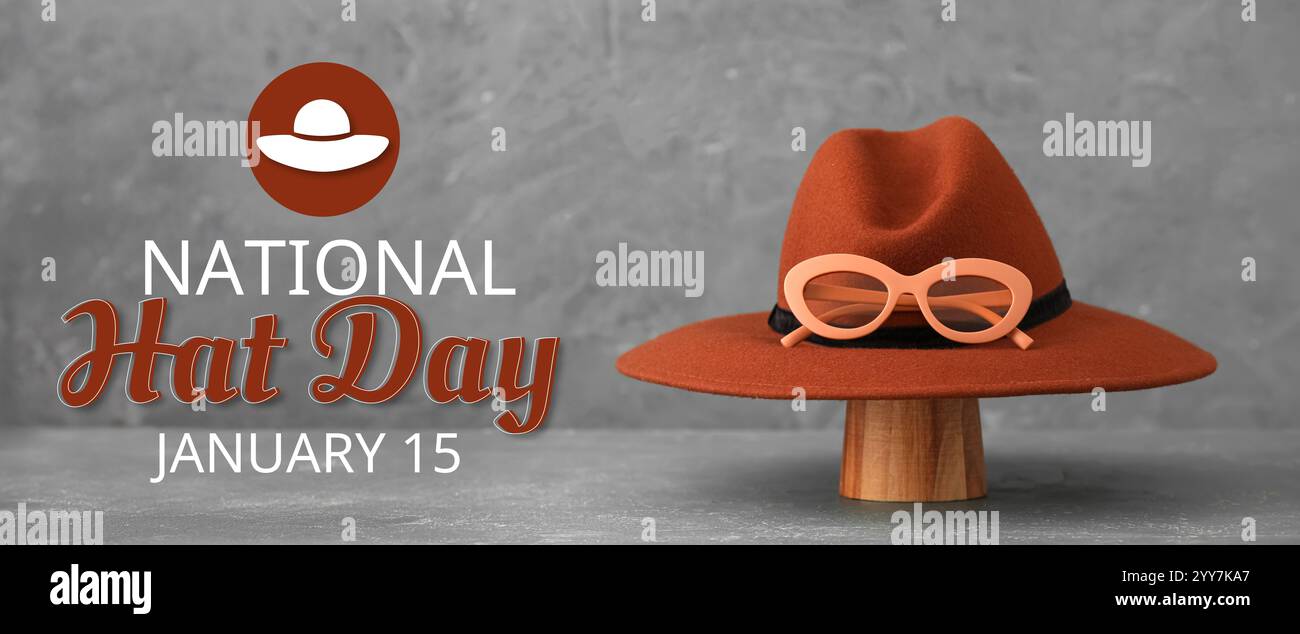 Banner for National Hat Day with felt hat and glasses Stock Photo - Alamy