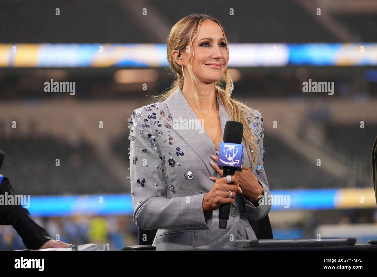 Nikki Glaser participates in a segment after an NFL football game ...
