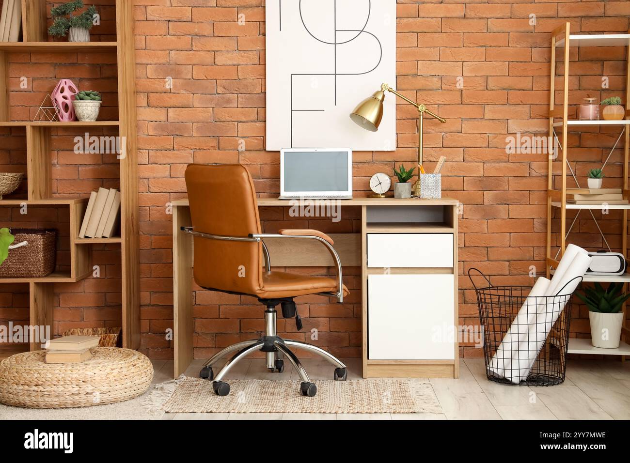 Stylish workplace with blank laptop, clock and desk lamp. Freelance ...