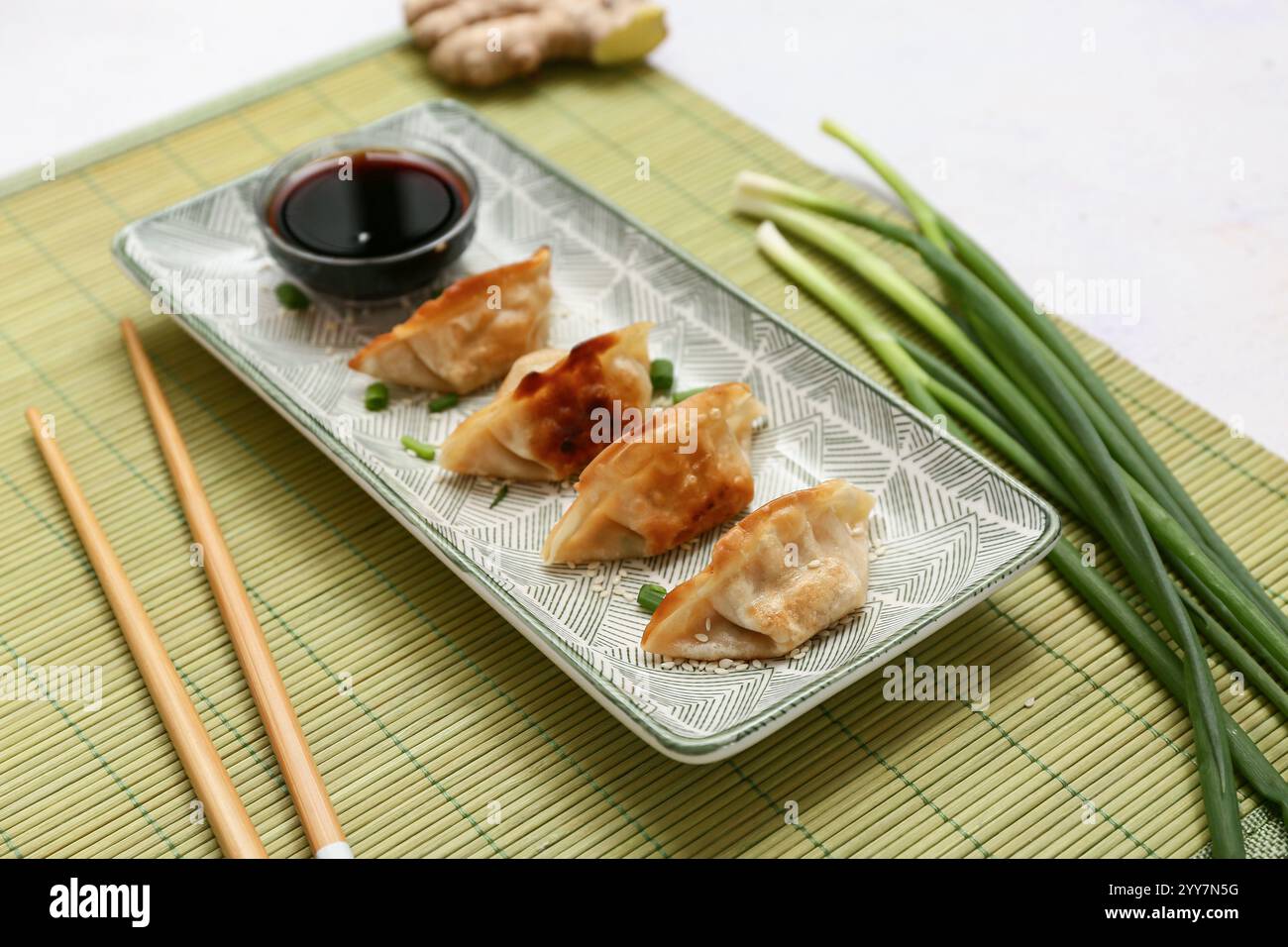 Plate of fried Japanese gyoza with green onion and bowl of soy sauce on ...