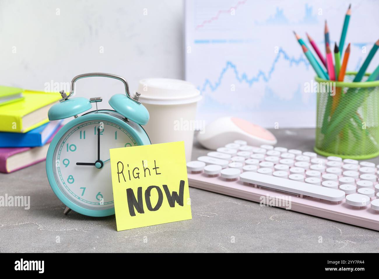 Paper sheet with text RIGHT NOW, alarm clock, gadgets and stationery on ...