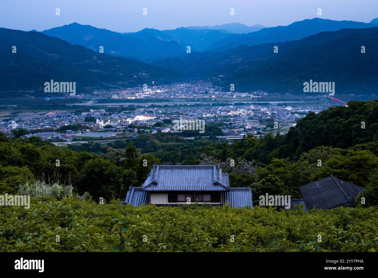 Traditional Japanese Home Overlooking Mima Town at Dusk, Tokushima ...
