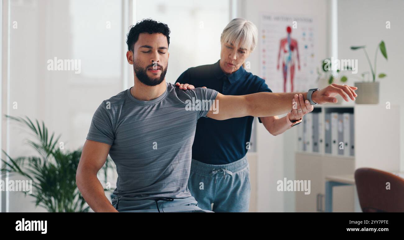 Stretch arm, physical therapy and patient at consultation for problem ...