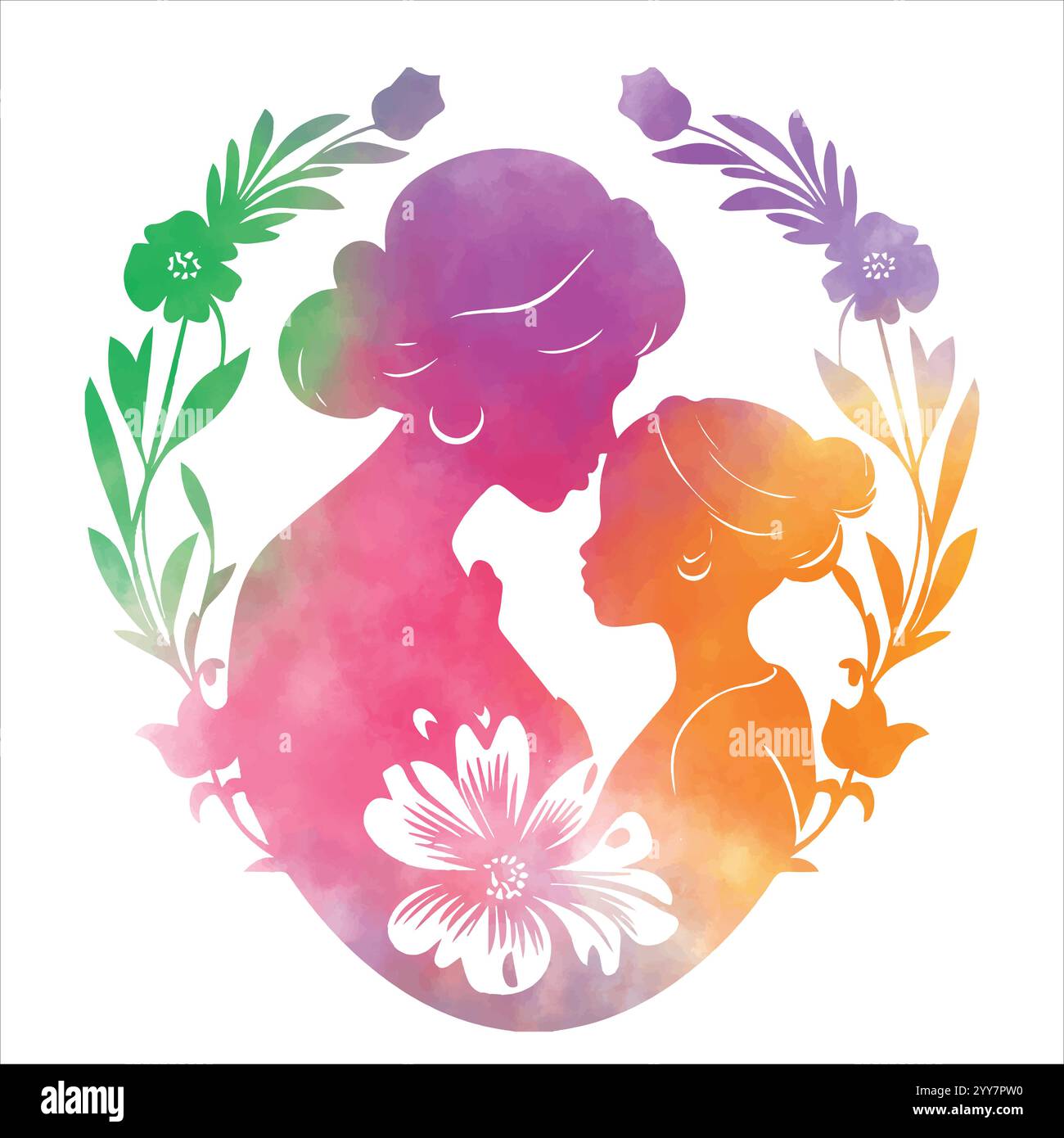 Mother Daughter watercolor Silhouette Vector Art, Graphics ...