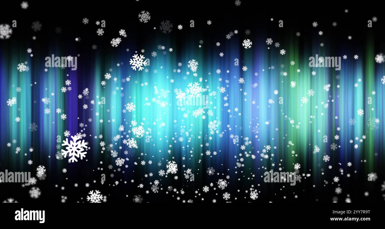 Image of northers lights and snow falling on black background ...