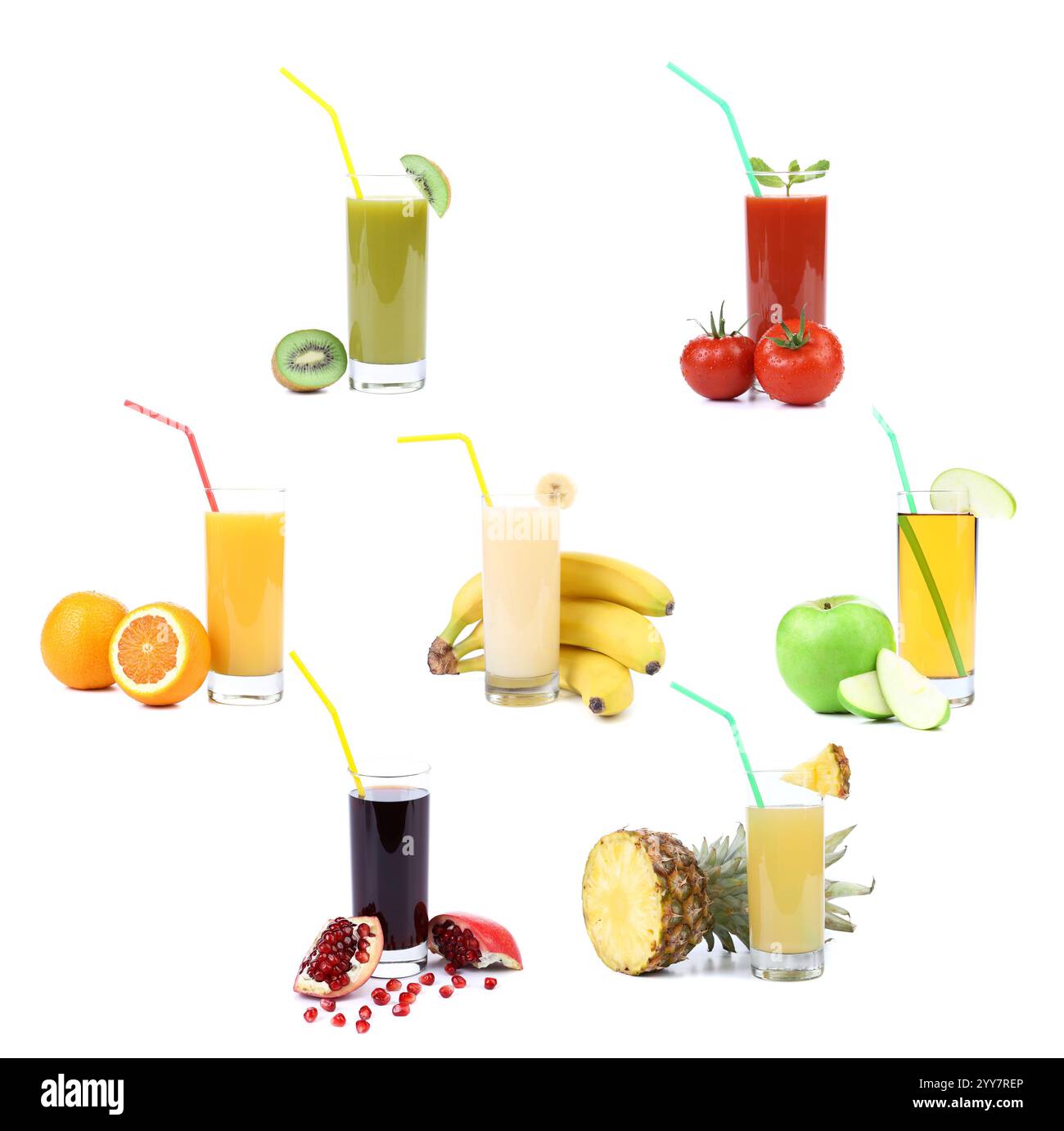 Collage from glasses of fresh juice different fruit. White background ...