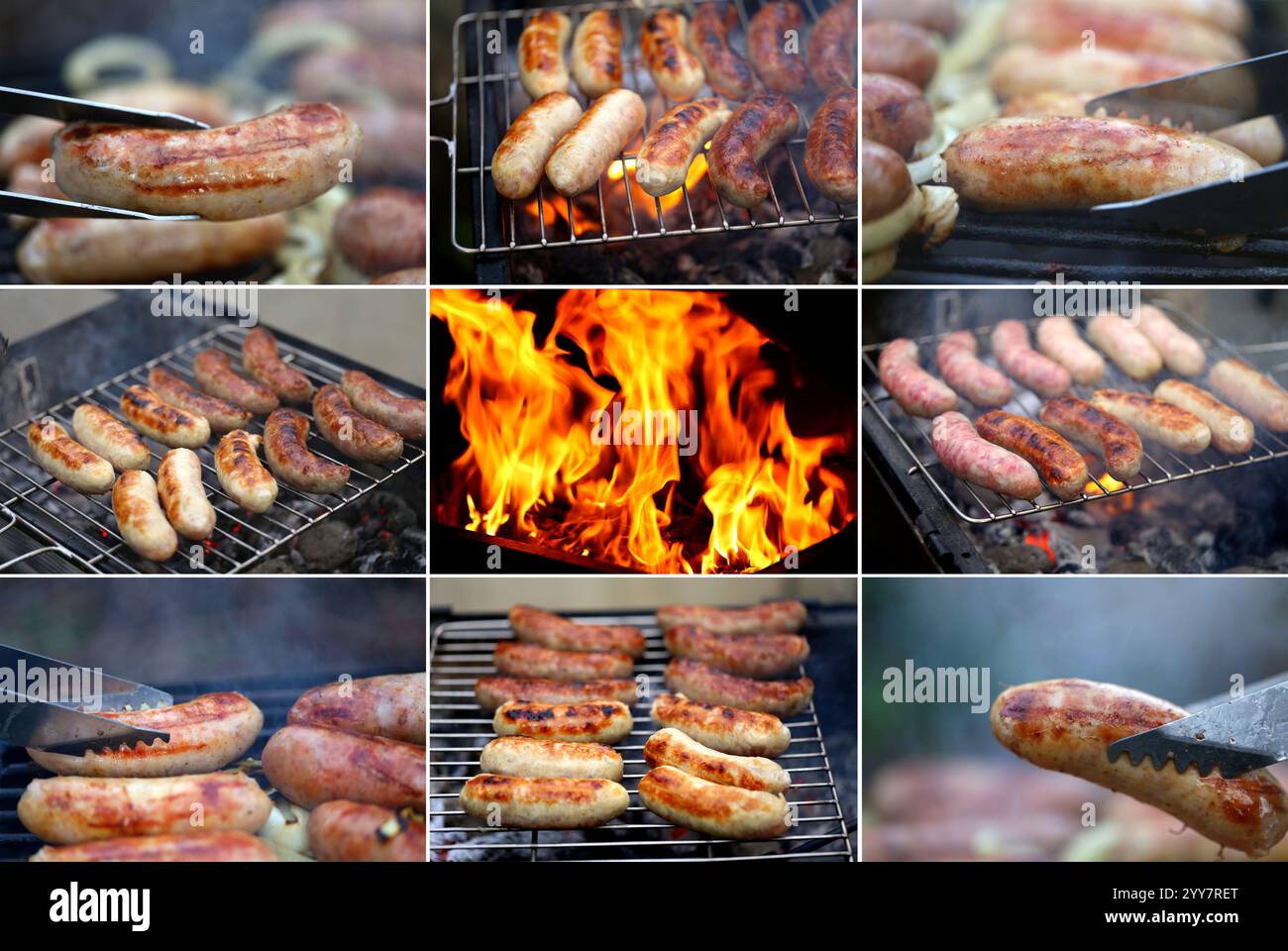 Collage ob bbq sausage. Eight bbq sausage. One fire Stock Photo - Alamy