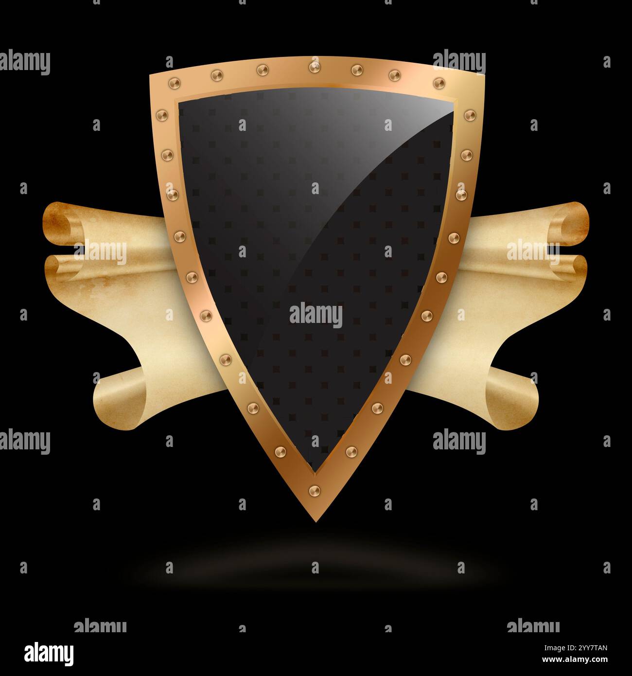 Golden riveted shield with antique parchment scroll on black background ...