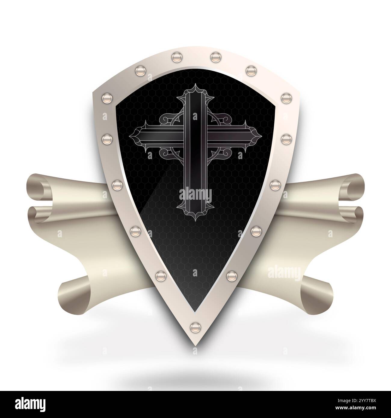 Silver shield with scroll and cross image on white background Stock ...
