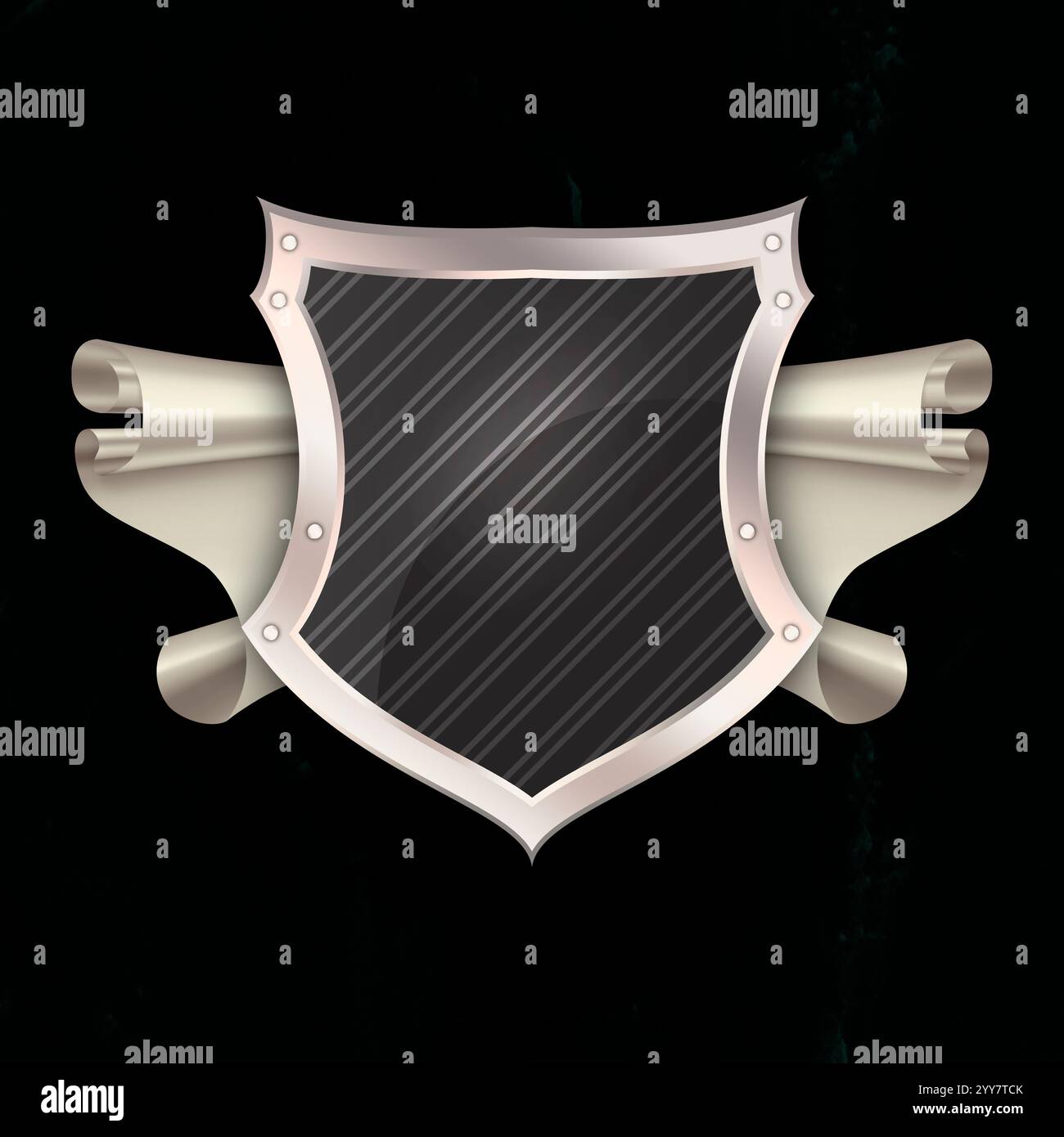 Shield with riveted border and scroll on black background Stock Photo ...