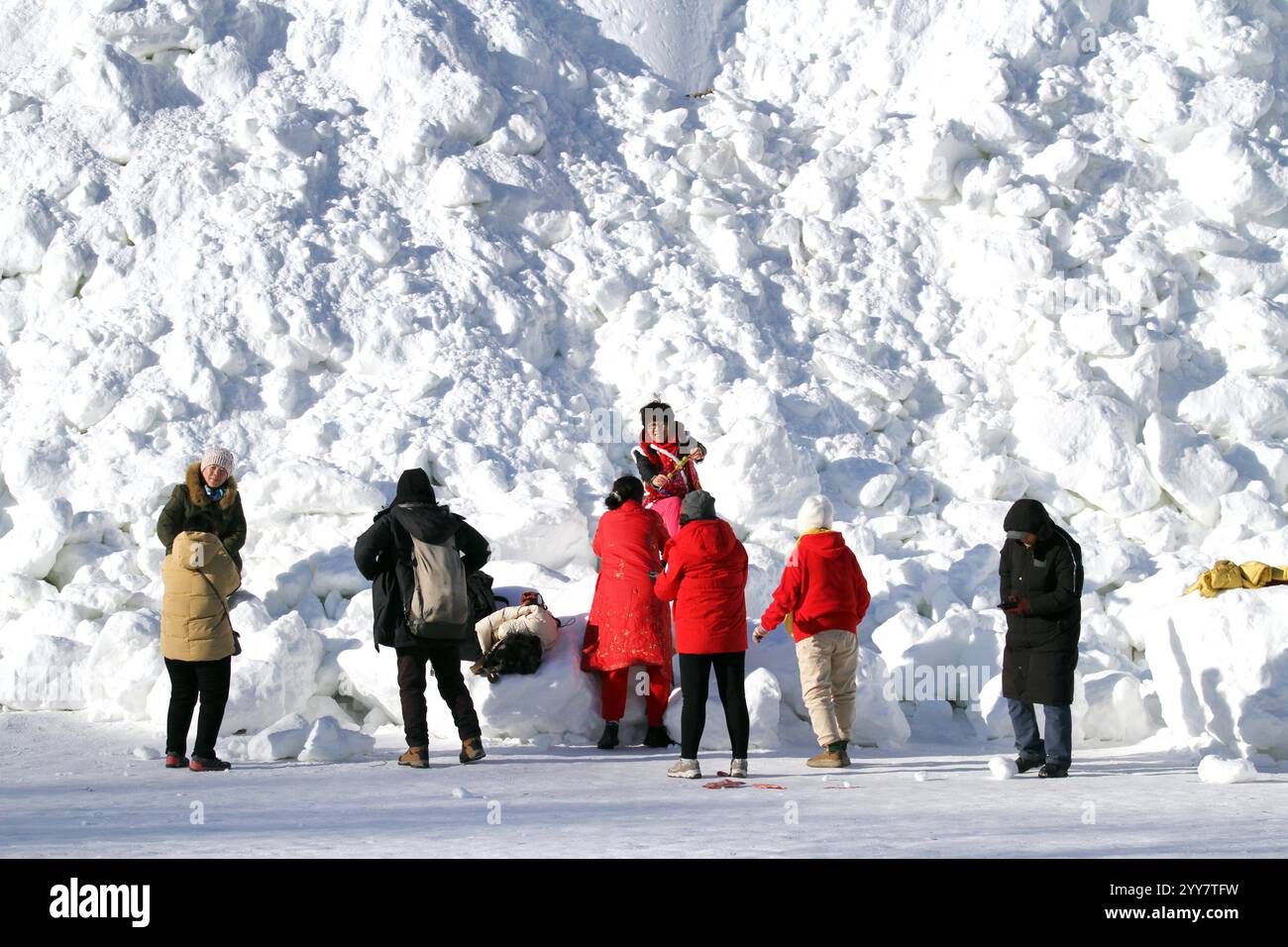 Tourists pose for photos with snow at Beiling Park in Shenyang City ...