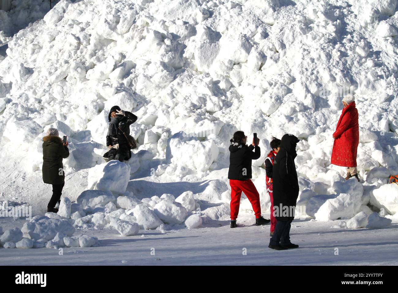 Tourists pose for photos with snow at Beiling Park in Shenyang City ...