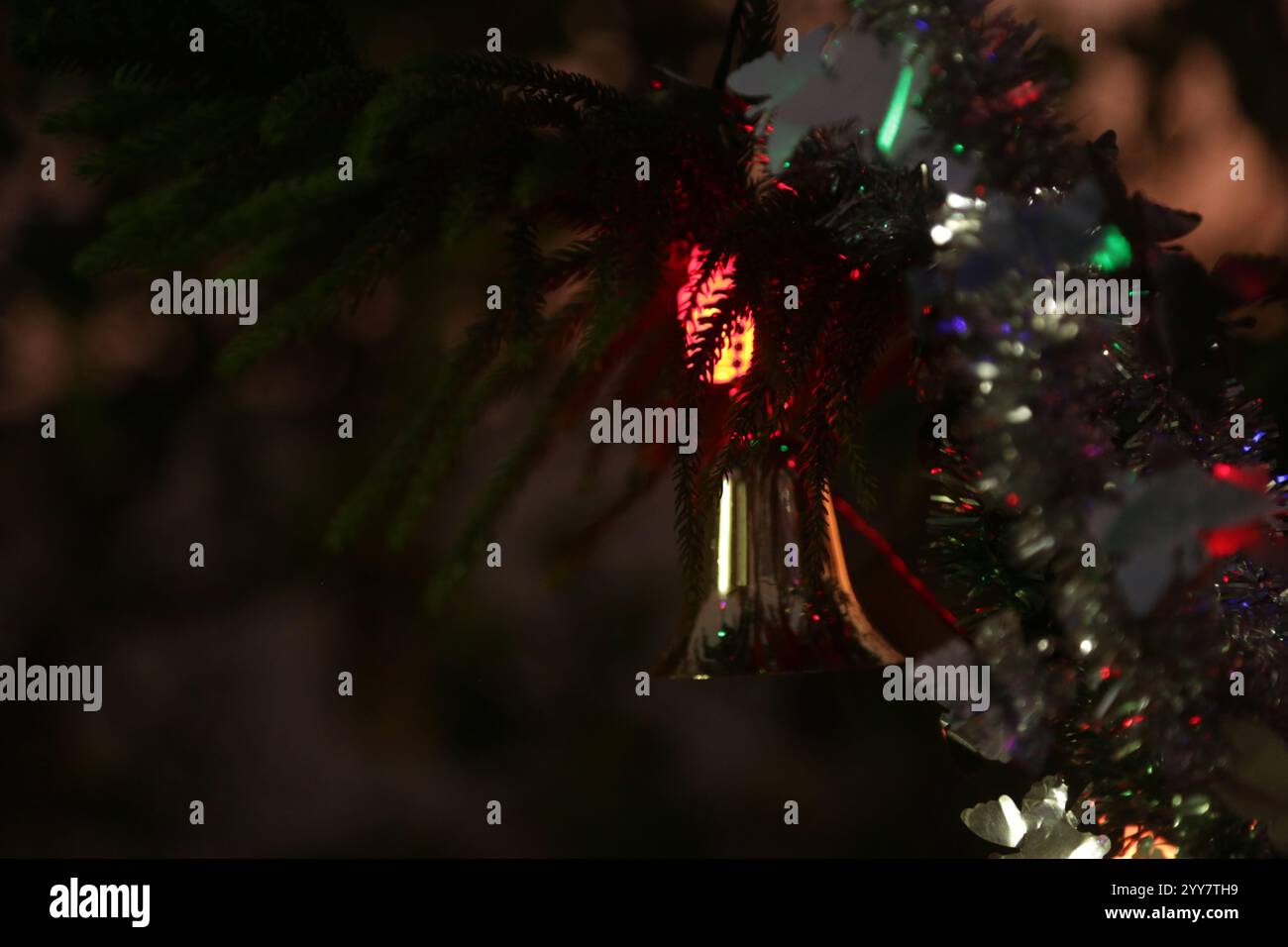 christmas and new year holiday celebration, Golden bell hanging on pine ...
