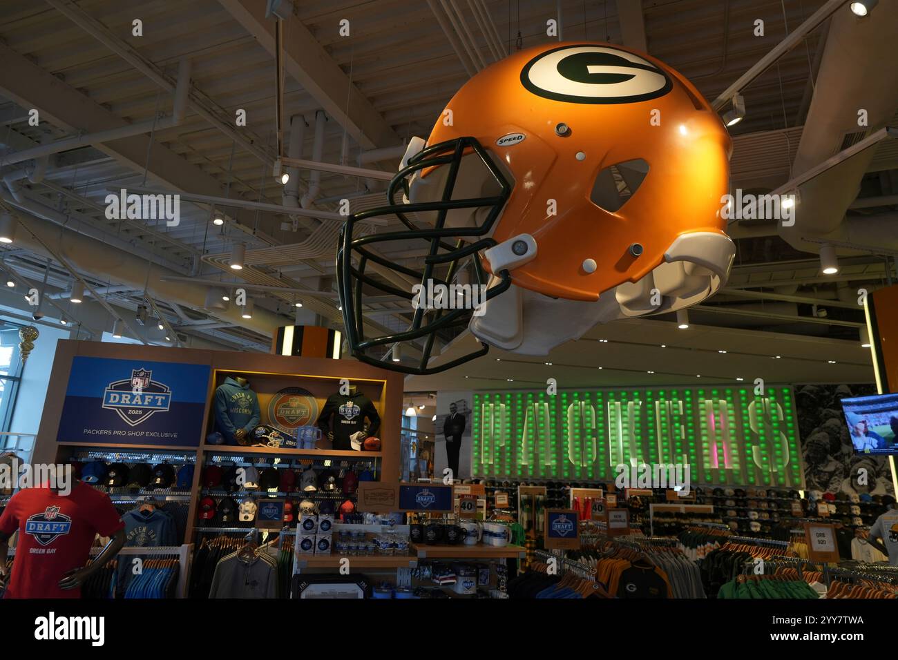A 2025 NFL Draft merchandise display at the Packers Pro Shop at Lambeau ...