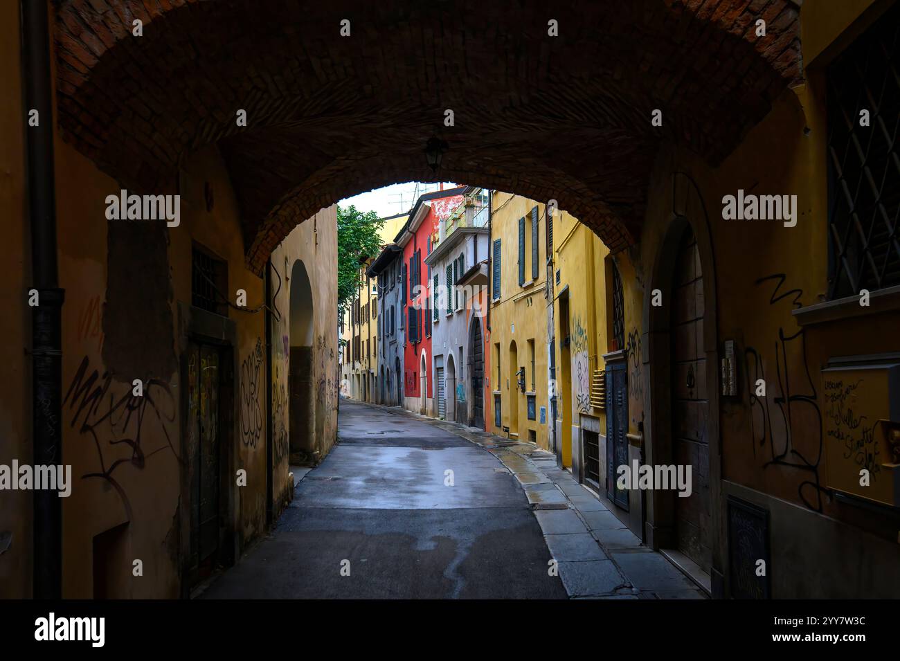 Brescia, Italy. Traditional colorful building with balconies, shutter ...