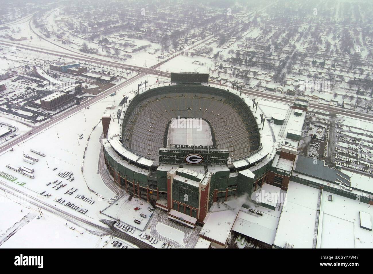 A general overall aerial view of a snow-covered Lambeau Field, Thursday ...