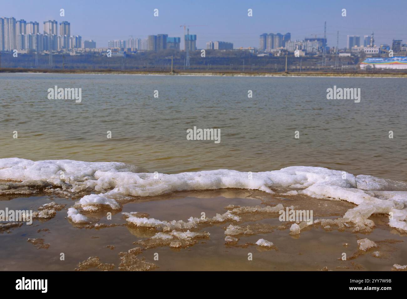 The salt crystals are formed on salt lake in Yuncheng City, north China ...