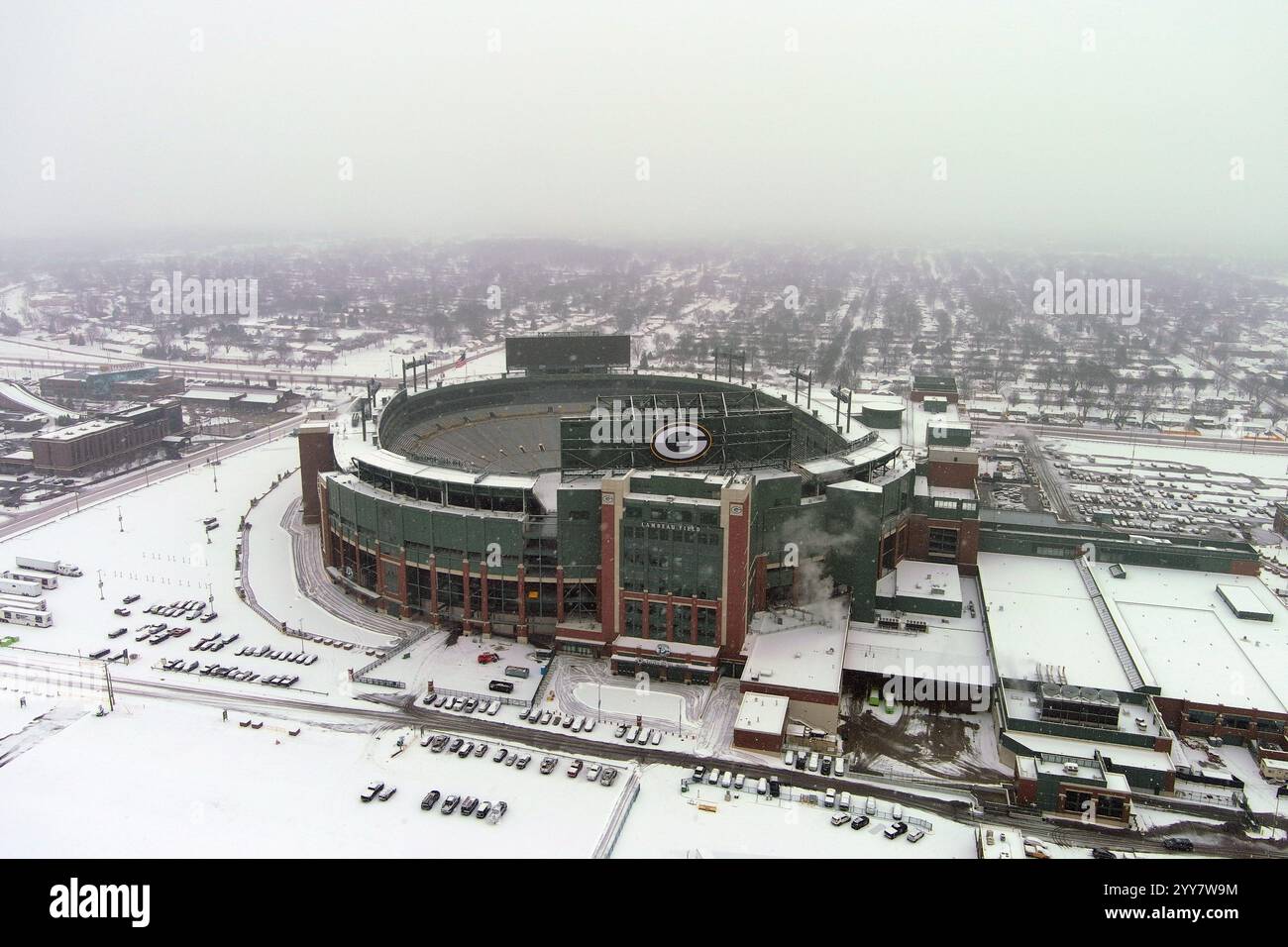 A general overall aerial view of a snow-covered Lambeau Field, Thursday ...