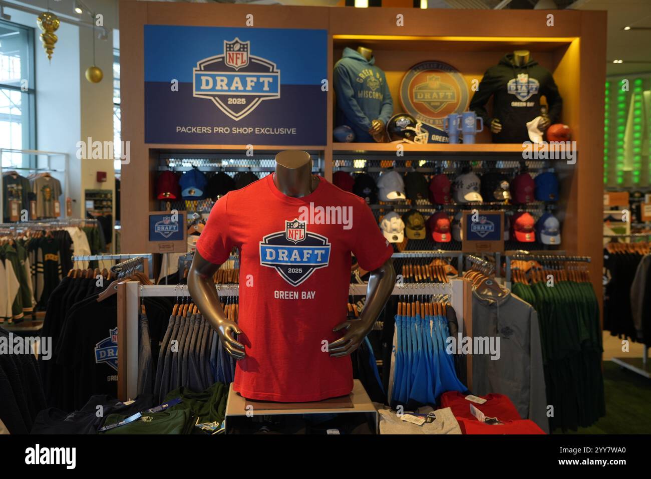 A 2025 NFL Draft merchandise display at the Packers Pro Shop at Lambeau ...
