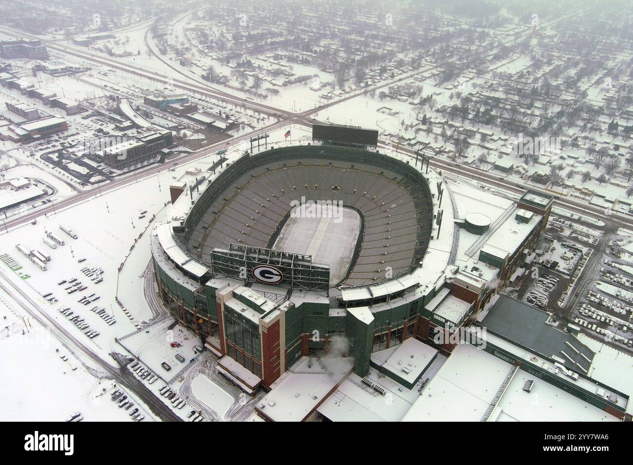A general overall aerial view of a snow-covered Lambeau Field, Thursday ...